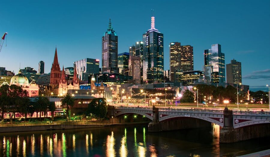 Melbourne skyline reflected in the Yarra River at dusk