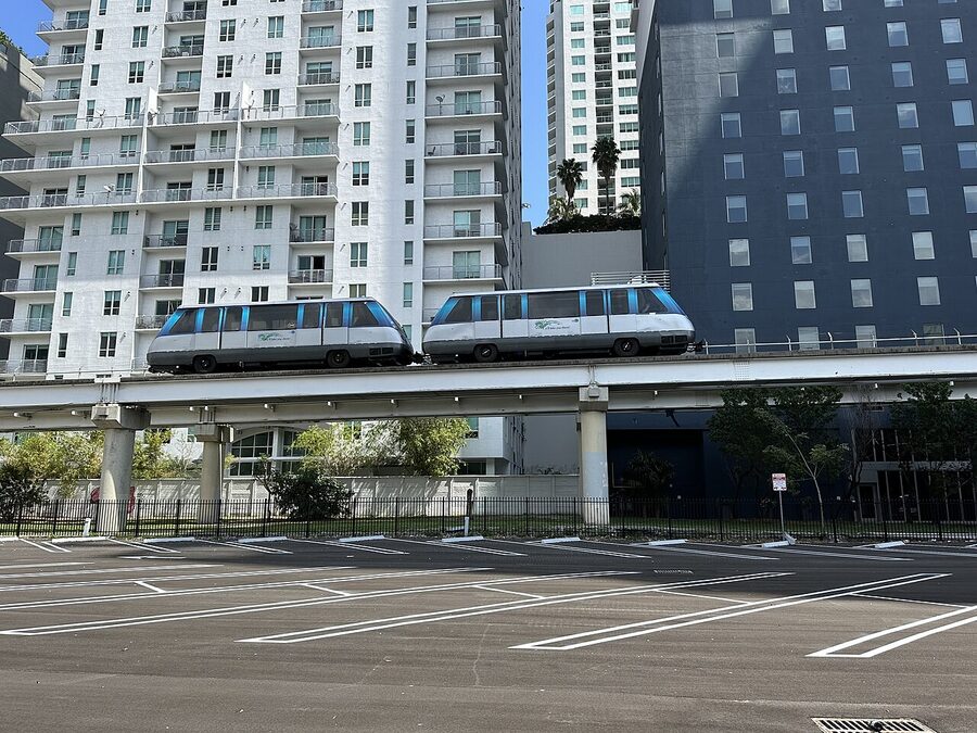 Miami Metromover elevated train in downtown Miami