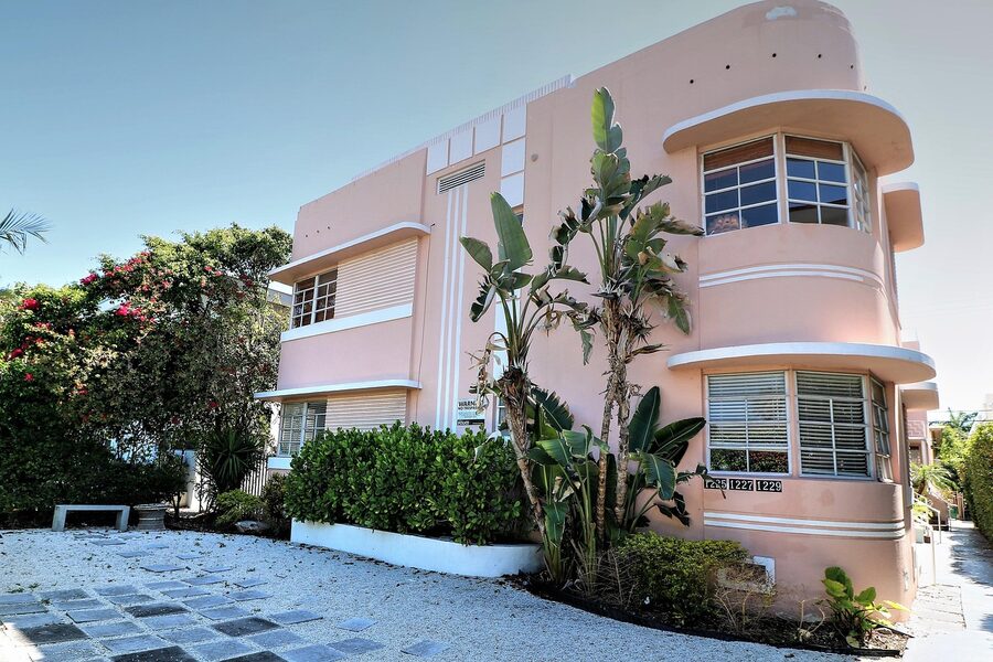 Art Deco architecture on South Beach Miami with palm trees