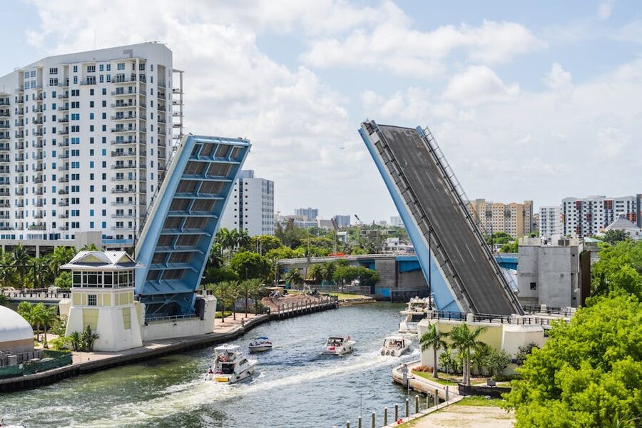 A drawbridge raised in Miami with downtown skyscrapers behind it