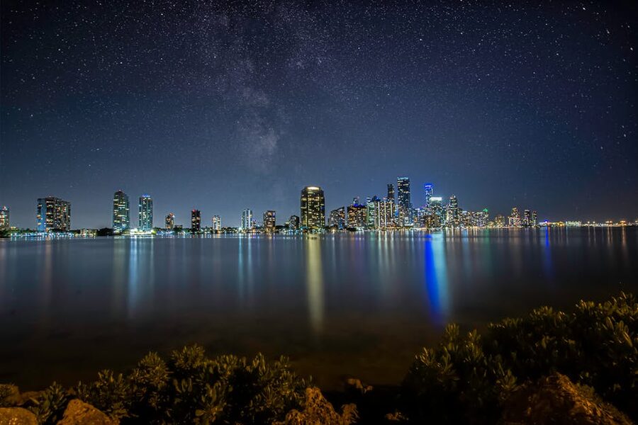 Miami downtown skyline at night with a starry sky