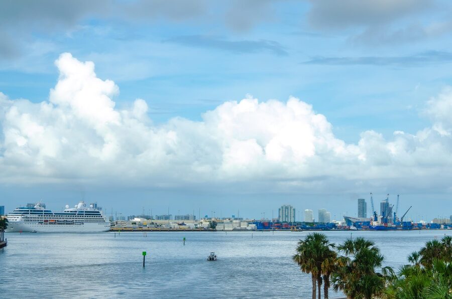 Miami skyline over Biscayne Bay with the Port of Miami visible