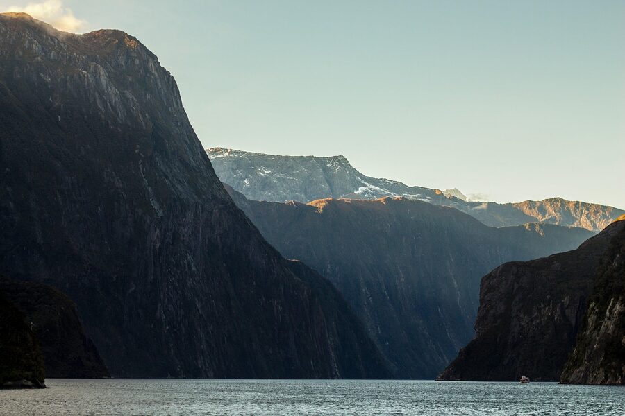 Milford Sound in winter with snow on the peaks