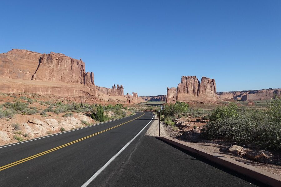 Red sandstone road in the desert near Moab Utah