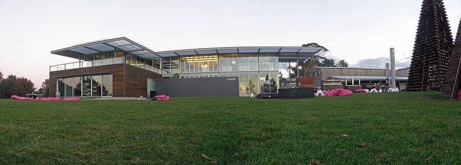 MONA museum lawn at dusk panorama Hobart Tasmania