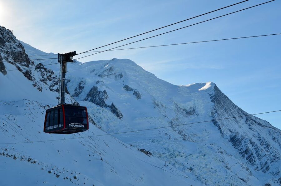 Aiguille du Midi cable car ascending in winter Chamonix