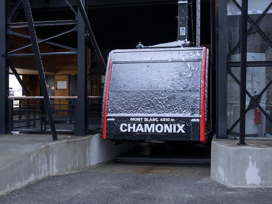 Snowy front of a cable car at Chamonix Mont Blanc