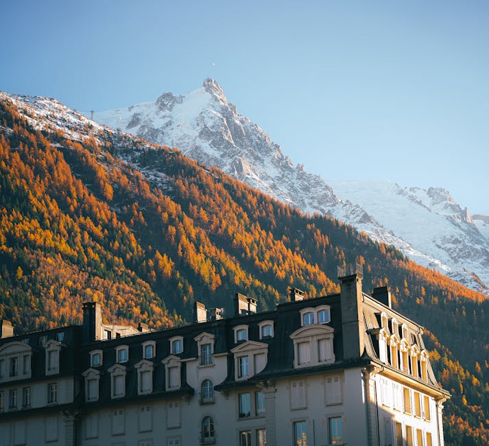 Chamonix-Mont-Blanc autumn town view with mountain backdrop