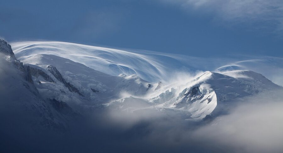 Chamonix Mont Blanc panorama winter with stormy clouds