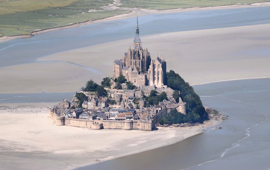 Mont-Saint-Michel drone view tidal waters