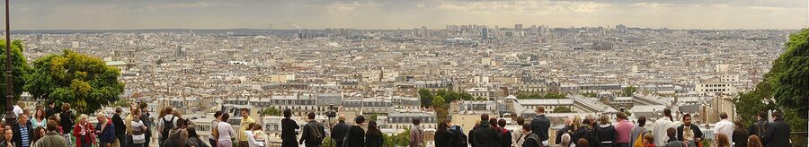 Panoramic view of Paris from steps before Basilique du Sacre Coeur Montmartre