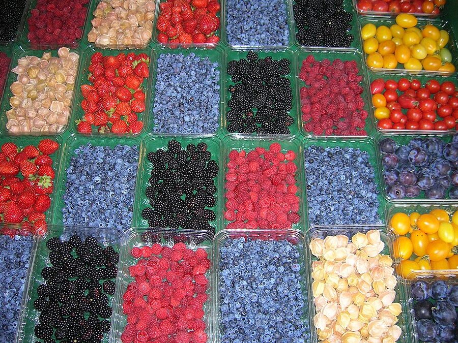 Berry and fruit boxes at Jean-Talon Market Montreal