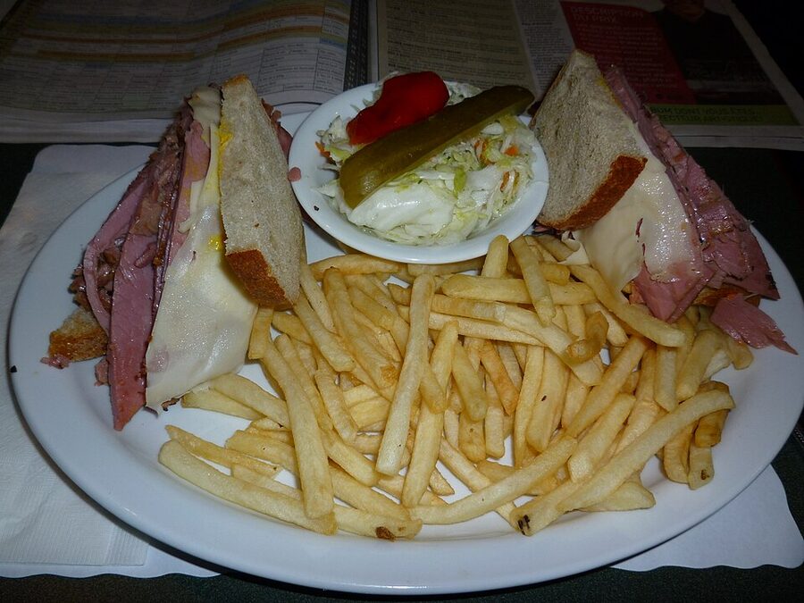Montreal style smoked meat sandwich on rye bread