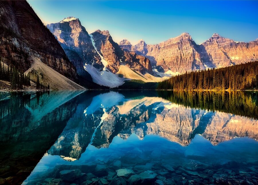 Moraine Lake mountains reflected in mirror-smooth water