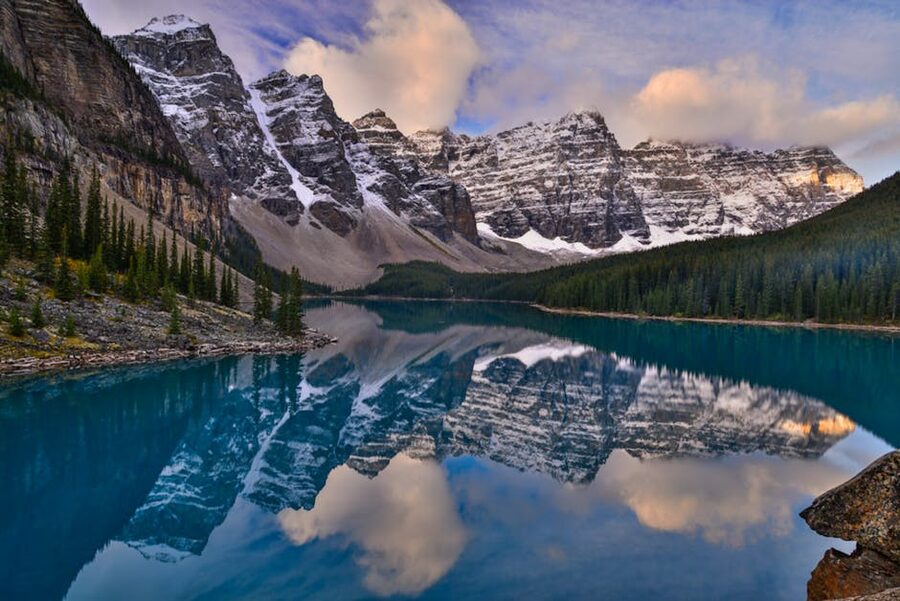 Moraine Lake mirror reflection of peaks