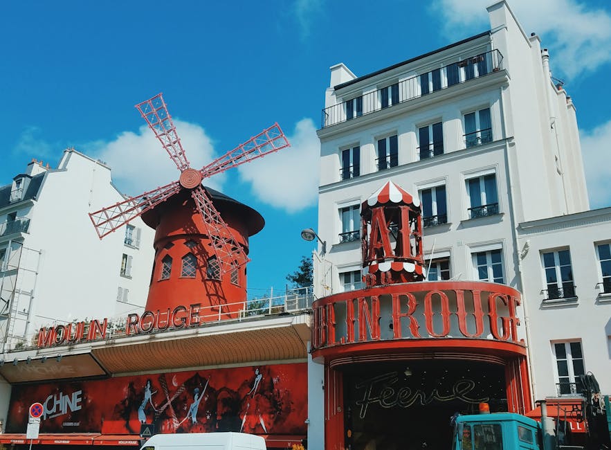 Moulin Rouge red windmill against clear blue sky Paris