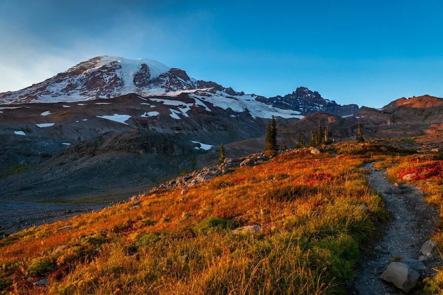Mount Rainier in fall with autumn colors and sunrise light