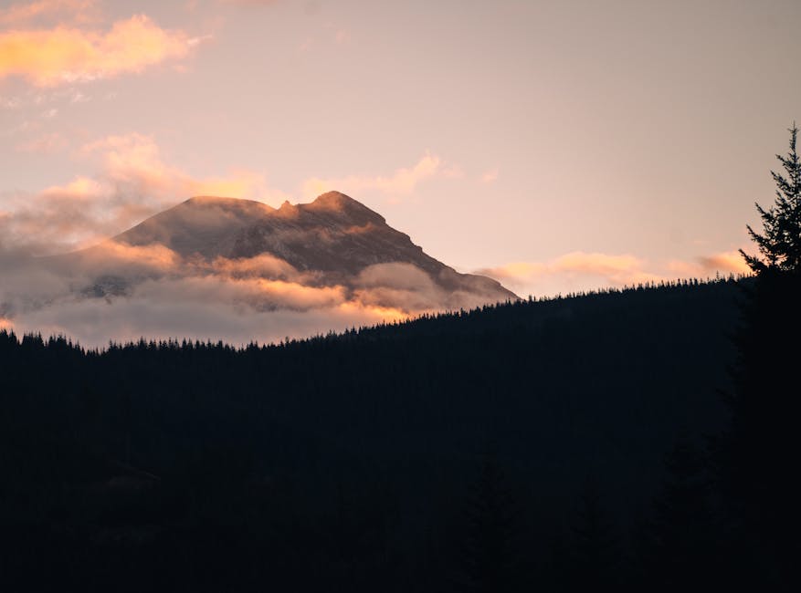 Mount Rainier at sunrise with misty clouds