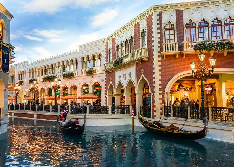 Venetian Las Vegas gondola on indoor canal between Renaissance buildings