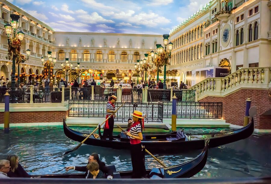 Venetian Las Vegas multiple gondolas on canal