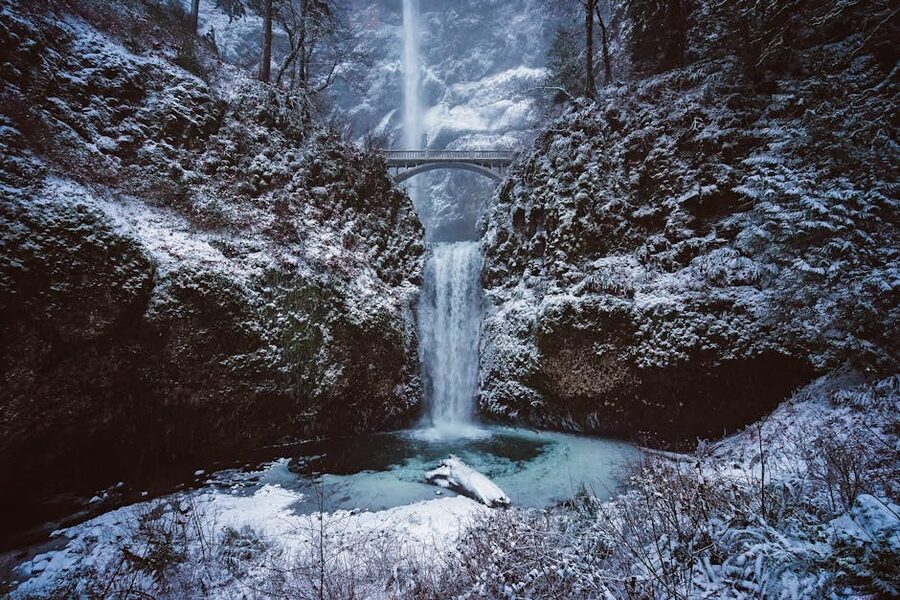 Multnomah Falls with snow in winter