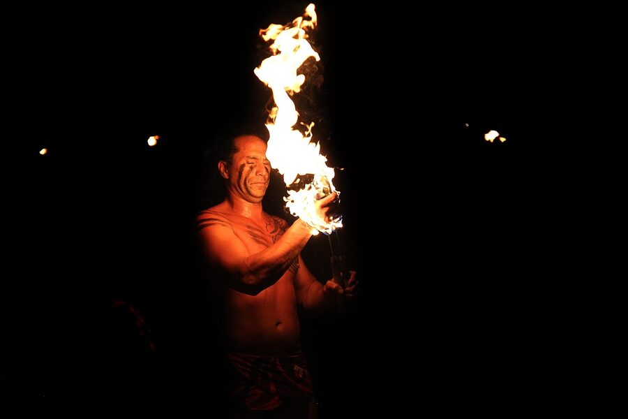 Polynesian fire knife performer at a Myrtle Beach luau