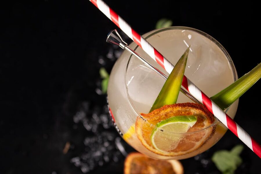Tropical mai tai cocktail at a Polynesian luau bar
