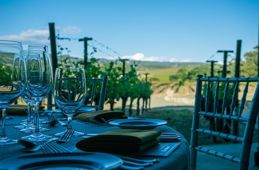 Wine tasting with glasses on a vineyard table