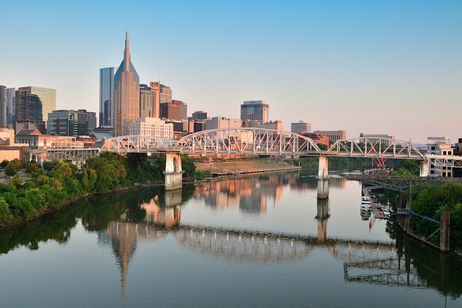 Nashville pedestrian bridge at sunrise over the Cumberland River
