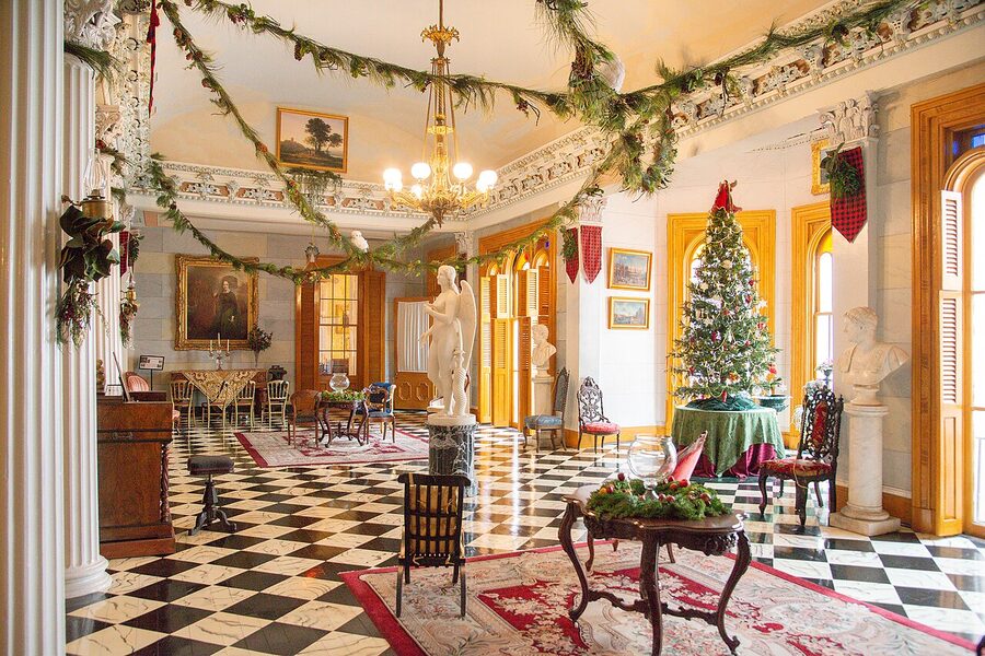 Belmont Mansion entry hall decorated for Christmas in Nashville