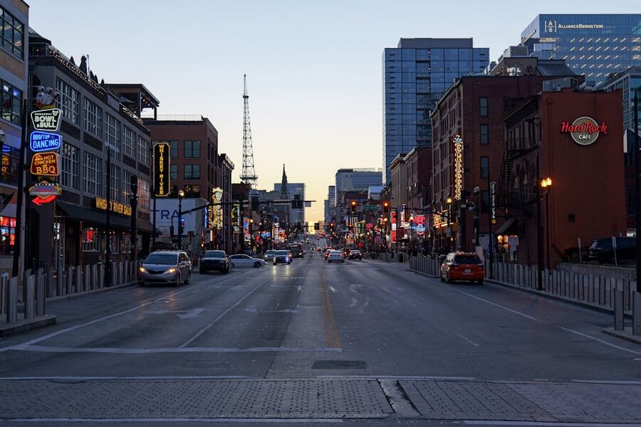 Nashville Broadway with glowing neon signs