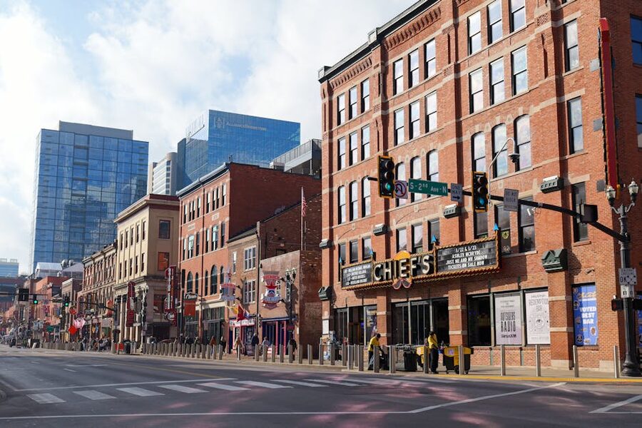 Downtown Nashville street view with historic brick buildings