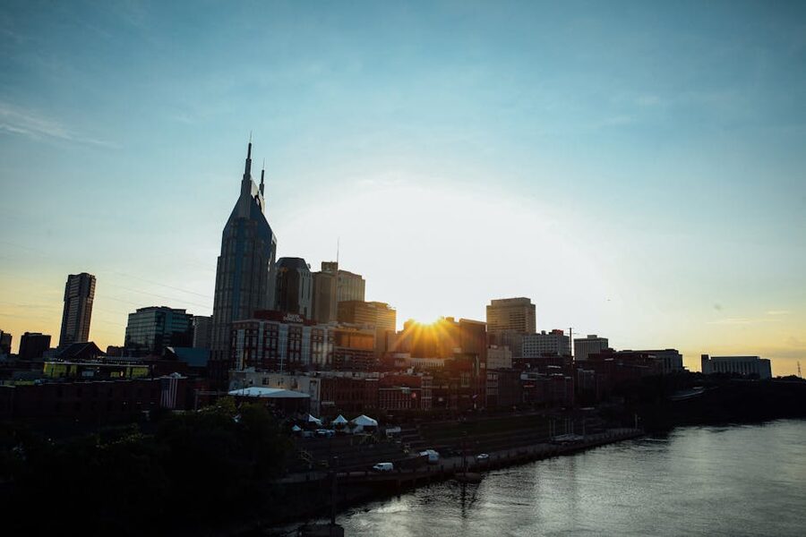 Nashville skyline at sunset over the Cumberland River