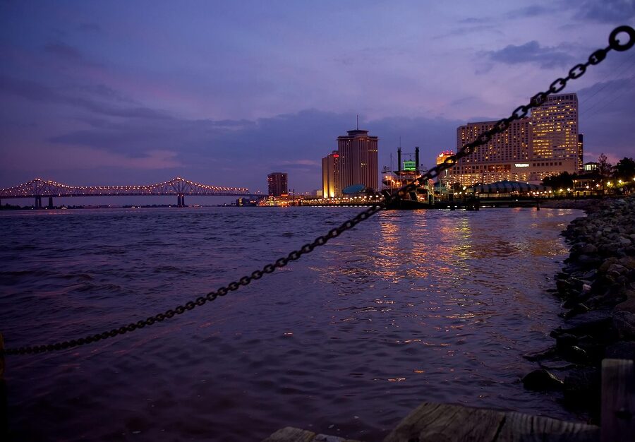 Aerial cityscape of New Orleans along the Mississippi River