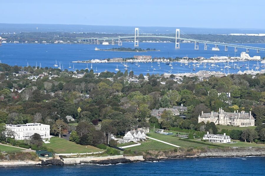 Newport Rhode Island coastline with Gilded Age mansions aerial view