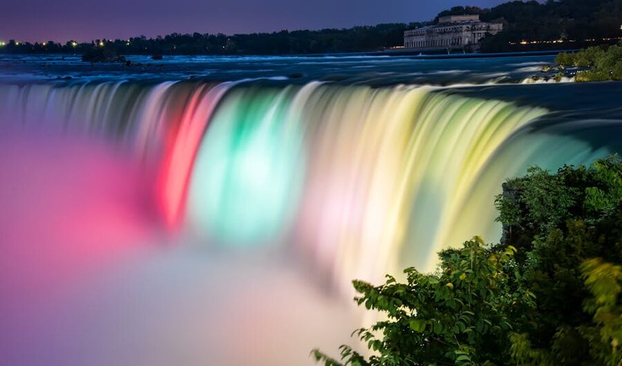 Niagara Falls illuminated with coloured lights at night