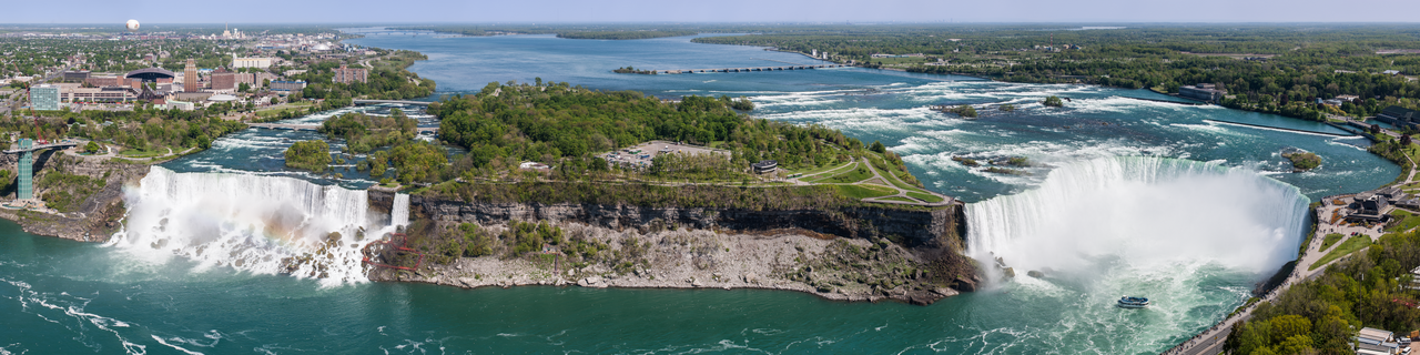 Panorama of Niagara Falls USA and Canadian sides from Skylon Tower observation deck