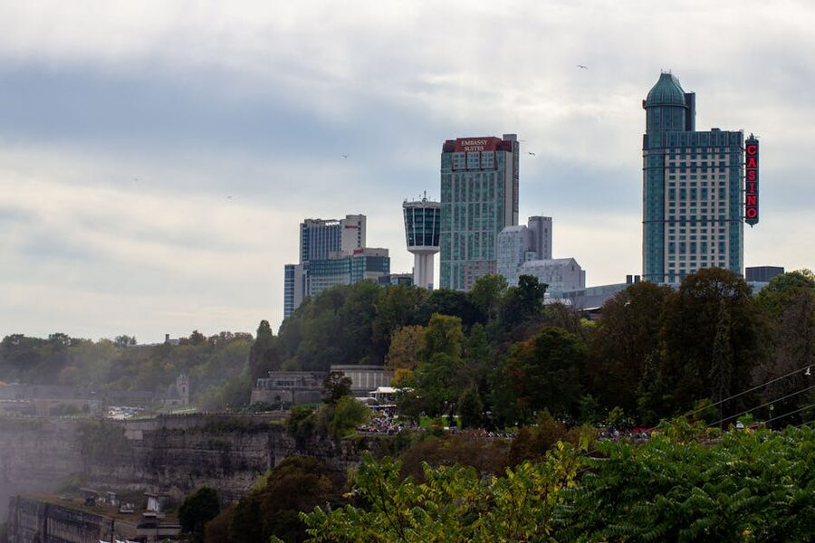 Niagara Falls Canadian skyline with hotels casino and Skylon Tower