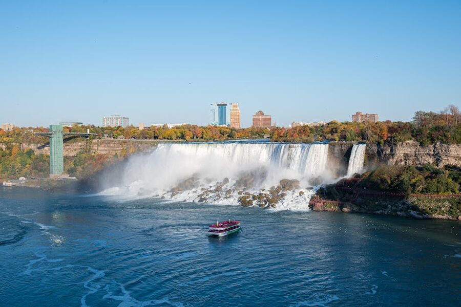 Hornblower boat at the base of Niagara Falls seen from above