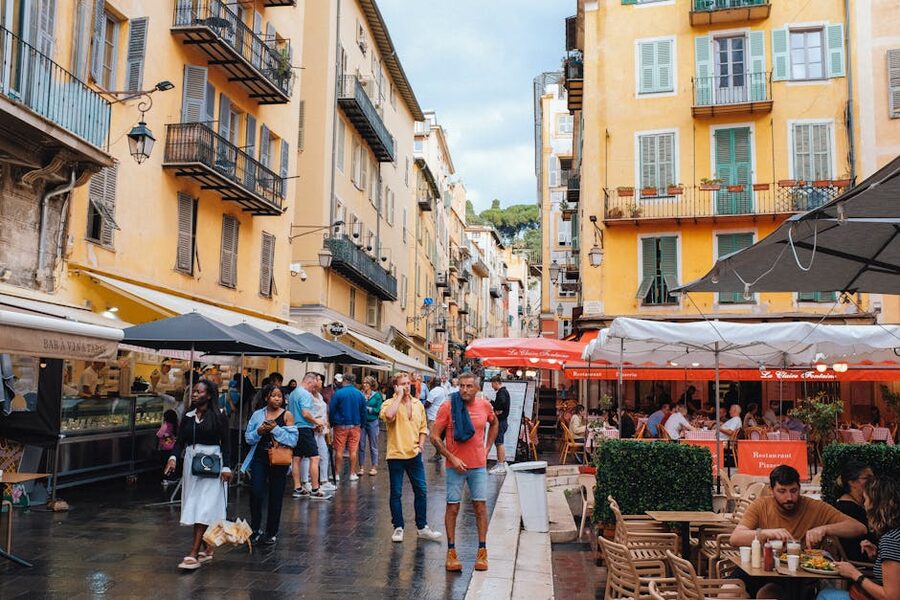 Vieux Nice old town street with cafes and pastel buildings