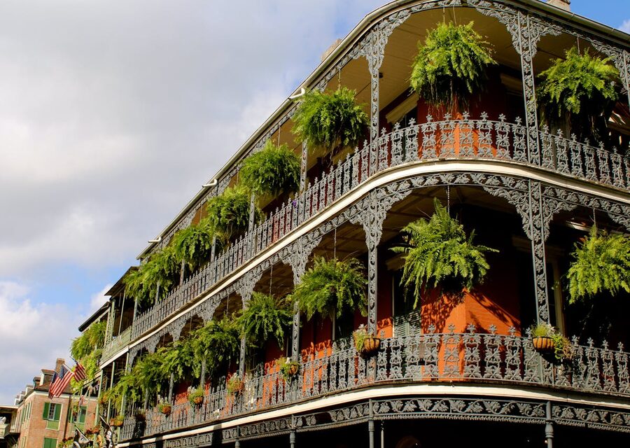 Ornate ironwork balconies with greenery in New Orleans