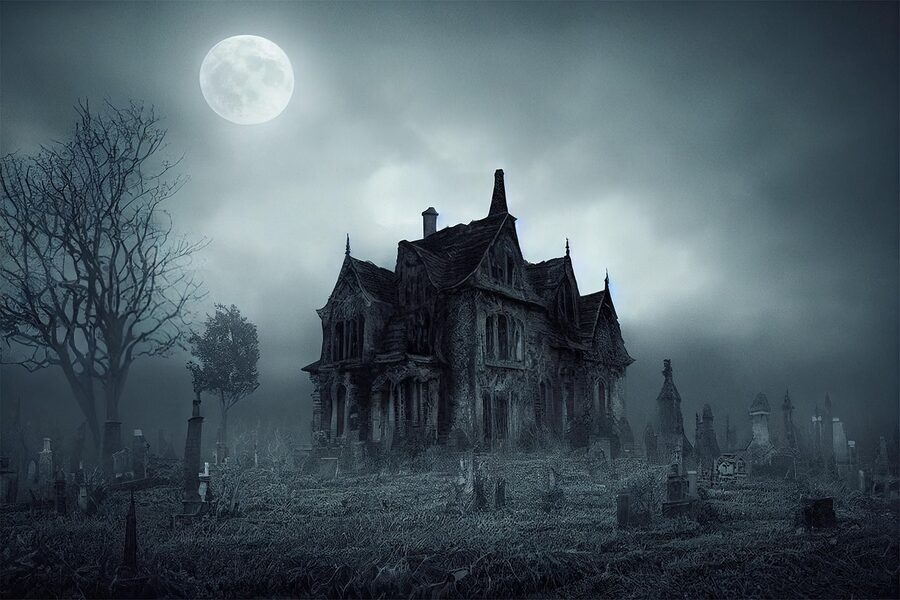 Haunted house with moon night spooky graveyard gothic