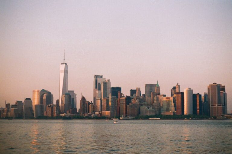 NYC skyline with skyscrapers from the water