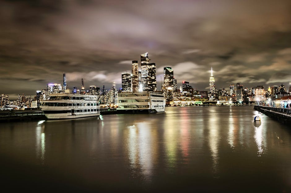 Midtown Manhattan skyline at night from water