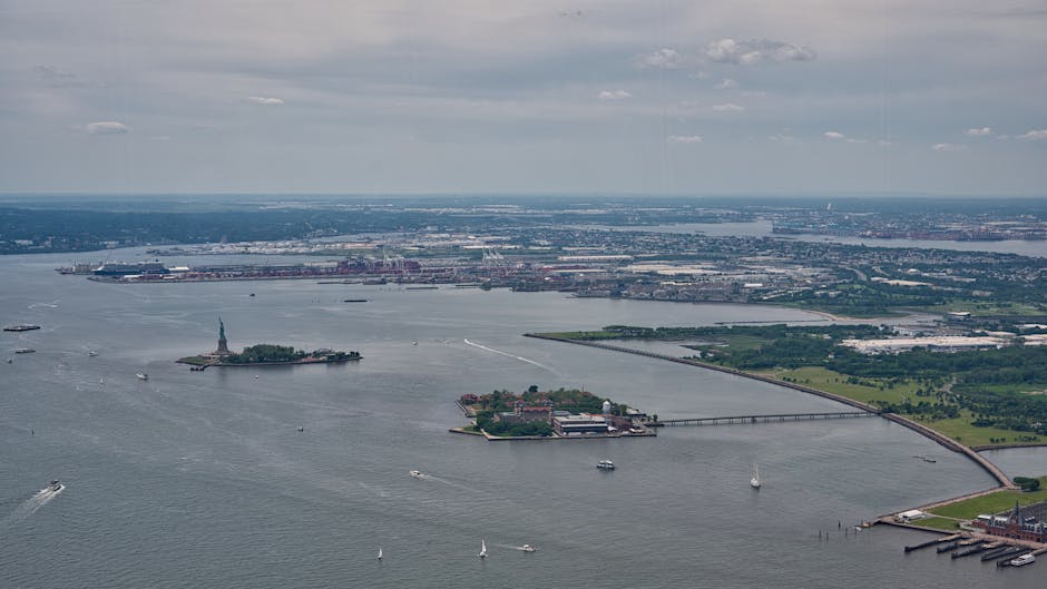 Aerial Statue of Liberty and harbor