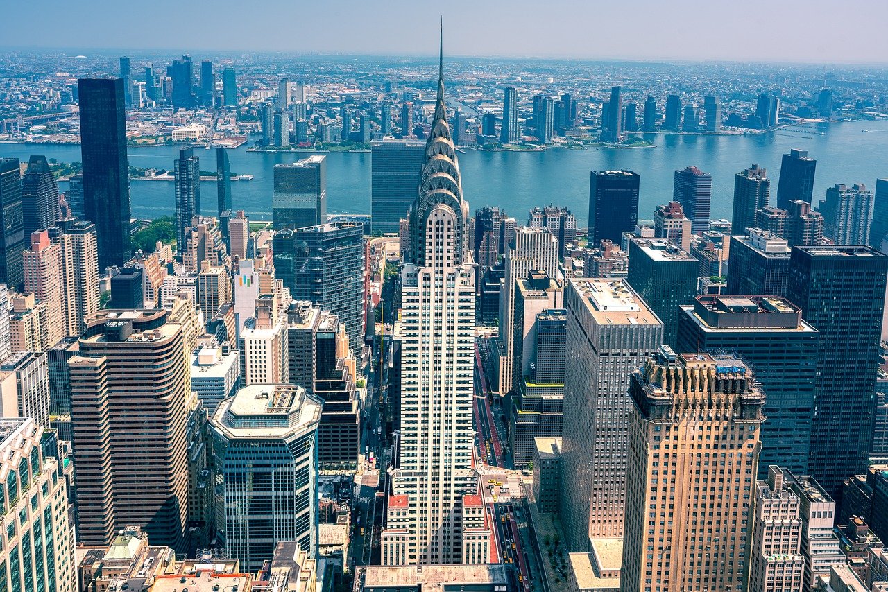 Dramatic aerial view of New York City from high elevation