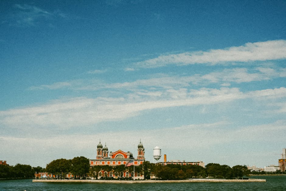 Ellis Island with American flag waving