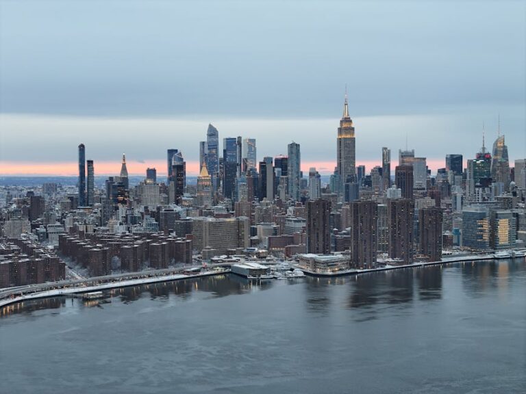 Aerial view of Manhattan skyline during winter sunset