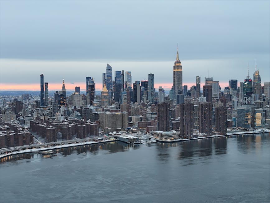 Aerial view of Manhattan skyline during winter sunset
