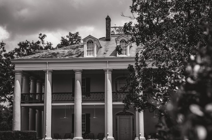 Monochrome view of Oak Alley Plantation with classic architecture in New Orleans